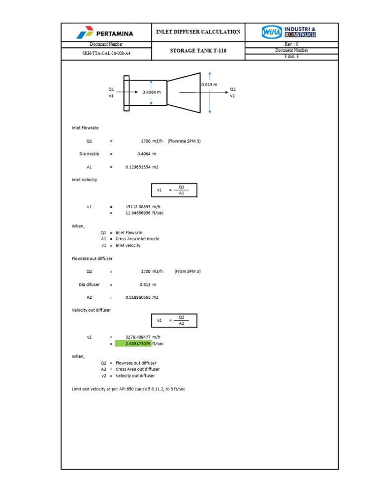 Inlet Diffuser Calculation for Tank T-110 | PDF | Technology & Engineering