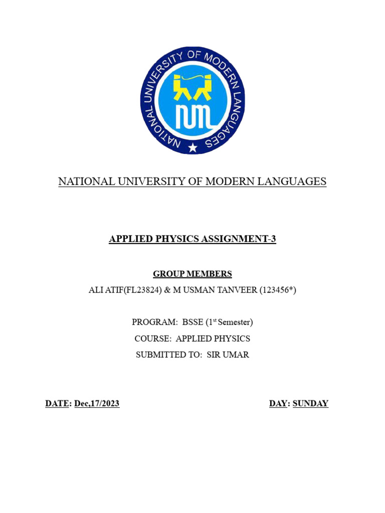 Physics Assignment 3 Ali Atif & Usman Tanverr | PDF | Teaching Methods & Materials