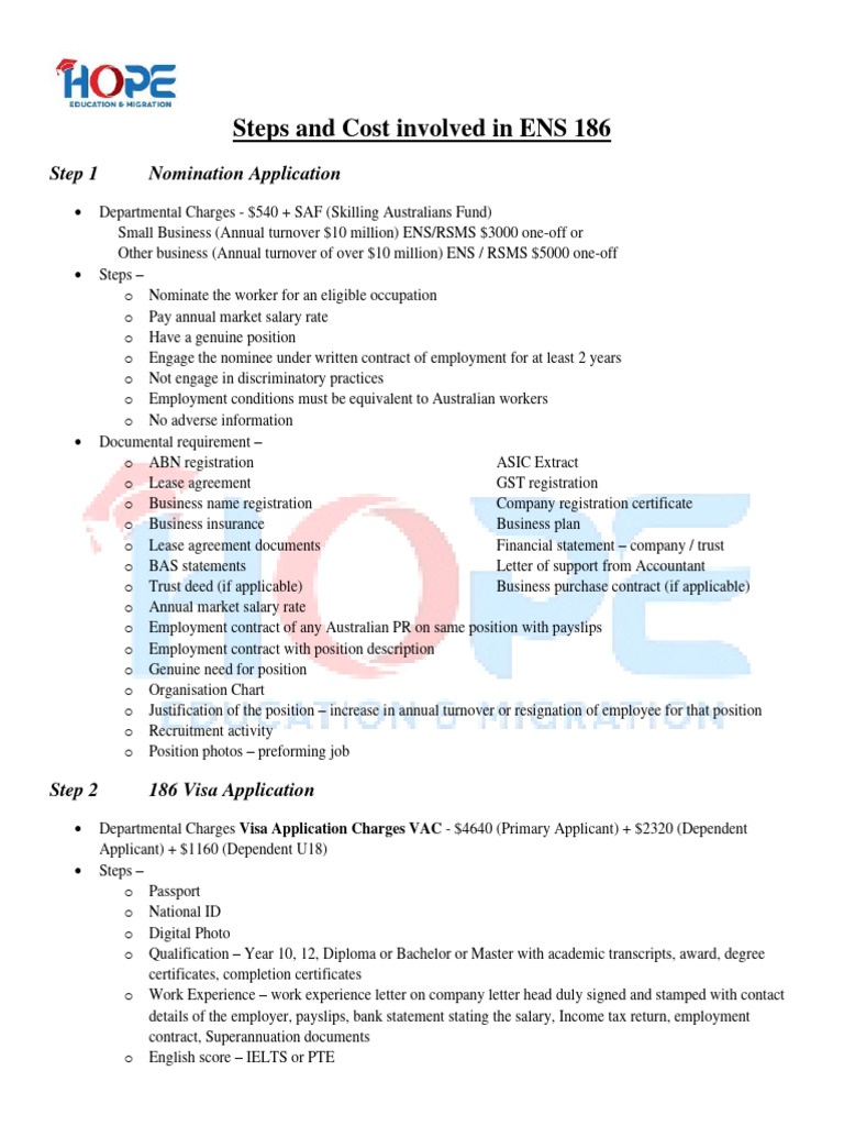 ENS 186 Visa Application Steps & Costs | PDF | Employment | Economies