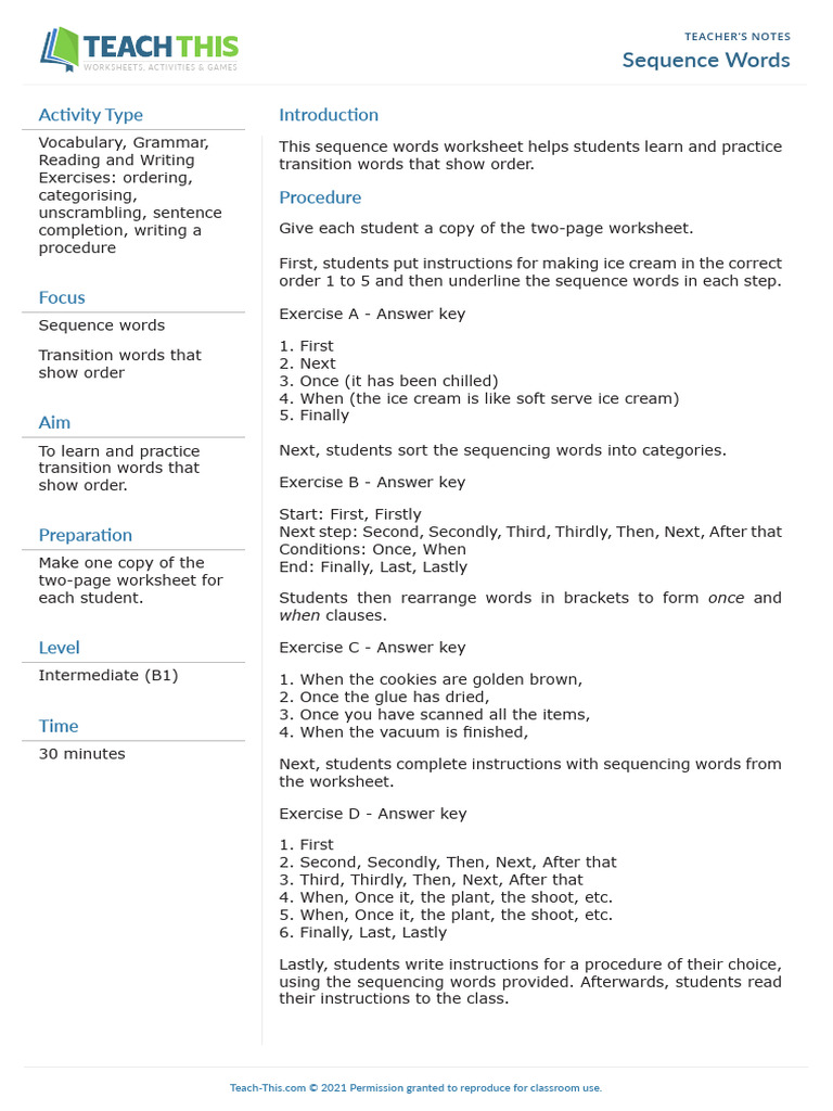 Sequence Words Worksheet | PDF