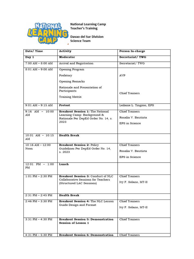 National Learning Camp - Training Matrix | PDF