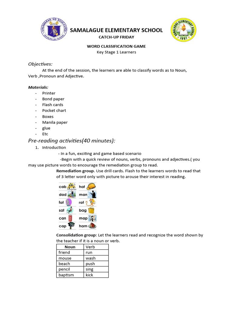 Catch Up Friday Lesson Word Classification Game T | PDF | Adjective | Noun