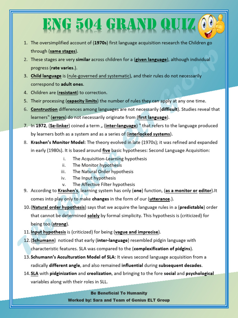 ENG 504 Grand Quiz | PDF | Second Language Acquisition | Language Acquisition