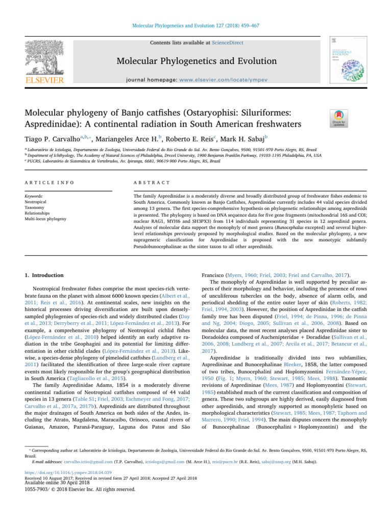 Carvalho, T. Et. Al. Molecular Phylogeny of Banjo Catfishes ...