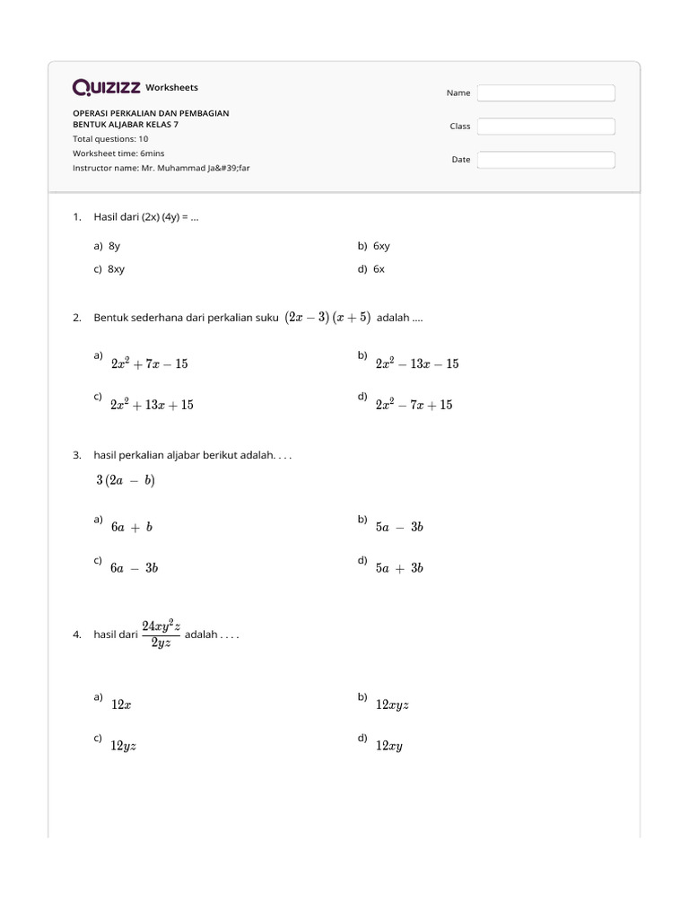 Operasi Perkalian Dan Pembagian Bentuk Aljabar Kelas 7 - Quizizz | PDF