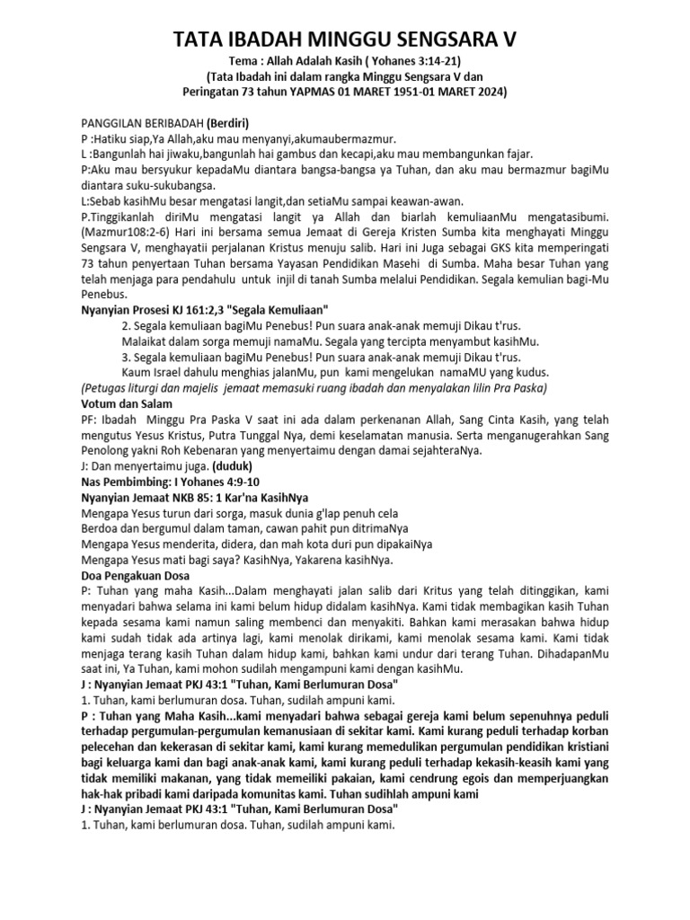 Tata Ibadah Minggu Sengsara V Dan Hut Yapmas | PDF