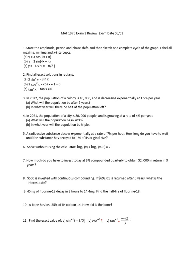 MAT 1375 Exam 3 Review Guide | PDF | Teaching Methods & Materials