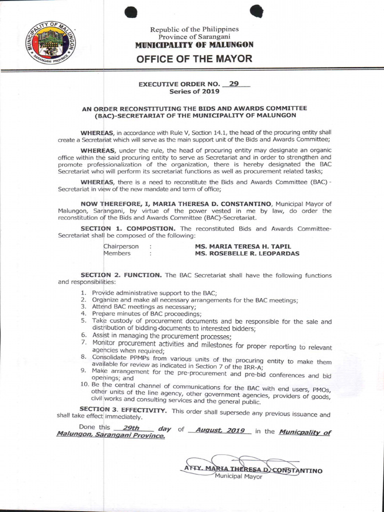 EO No. 29 S. 2019-Reconstituting The BAC-Secretariat | PDF