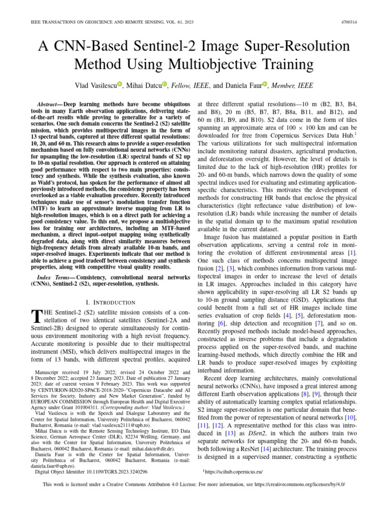 A CNN-Based Sentinel-2 Image Super-Resolution Method Using Multiobjective Training | PDF