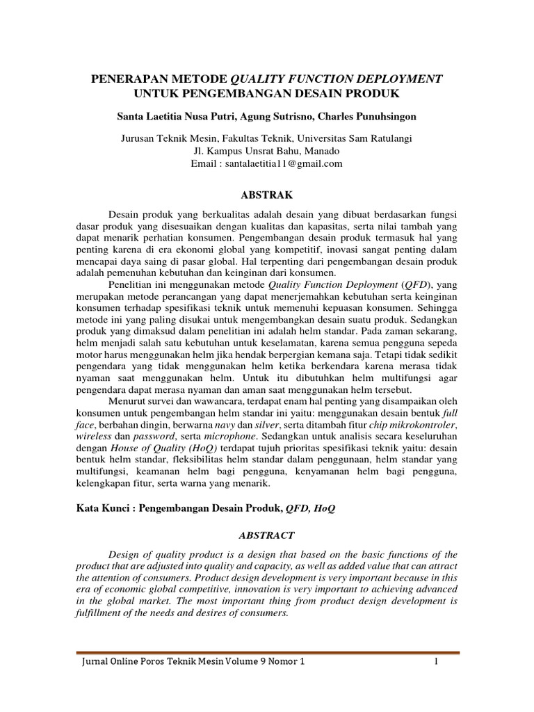 Penerapan Metode Quality Function Deployment Untuk Pengembangan Desain Produk | PDF