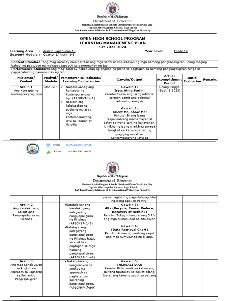 OHSP AP 10 Learning Plan | PDF