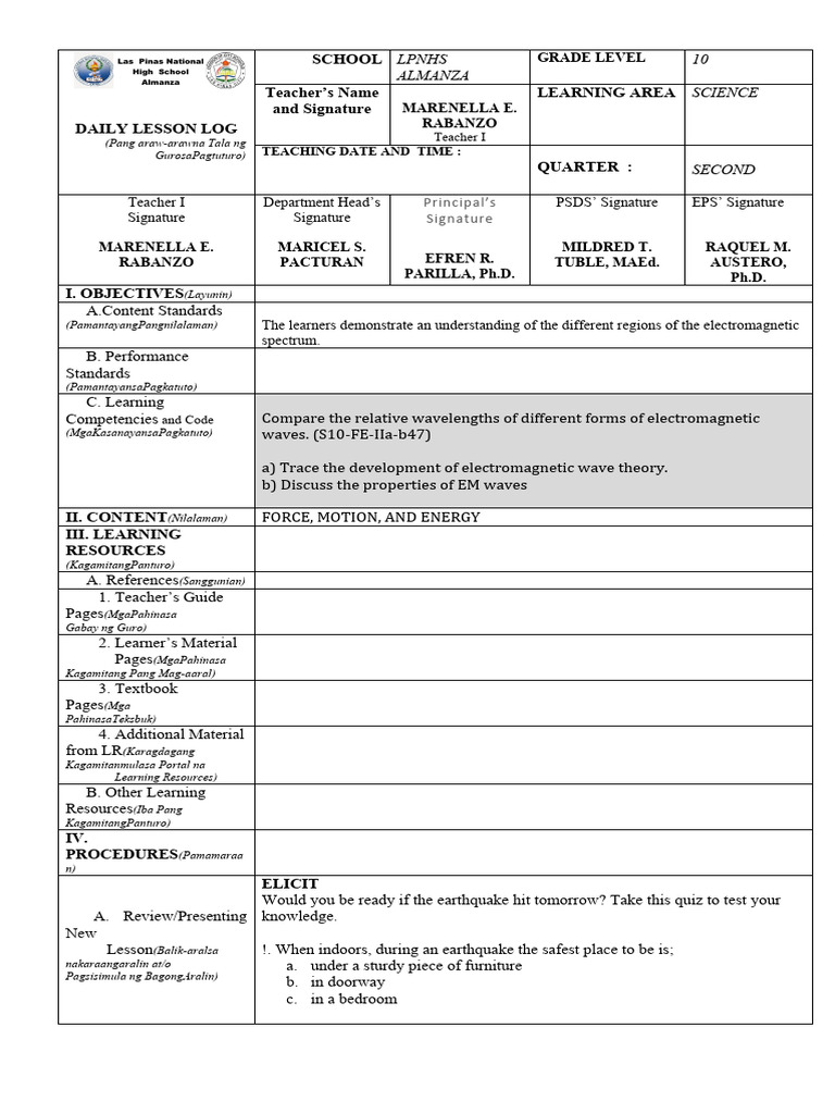 Grade 10 DLL (Electromagnetic Waves) | PDF | Learning | Cognition