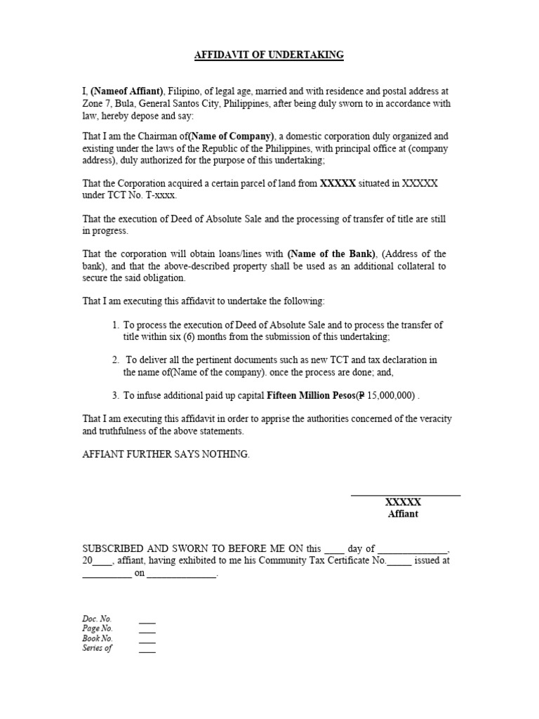 Affidavit of Undertaking - Corporate | PDF | Finance & Money Management ...