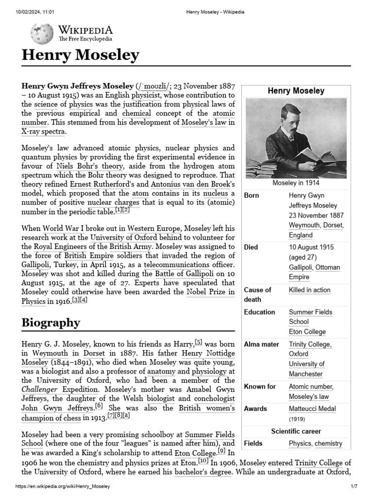 Henry Moseley - Wikipedia | PDF | Science & Mathematics