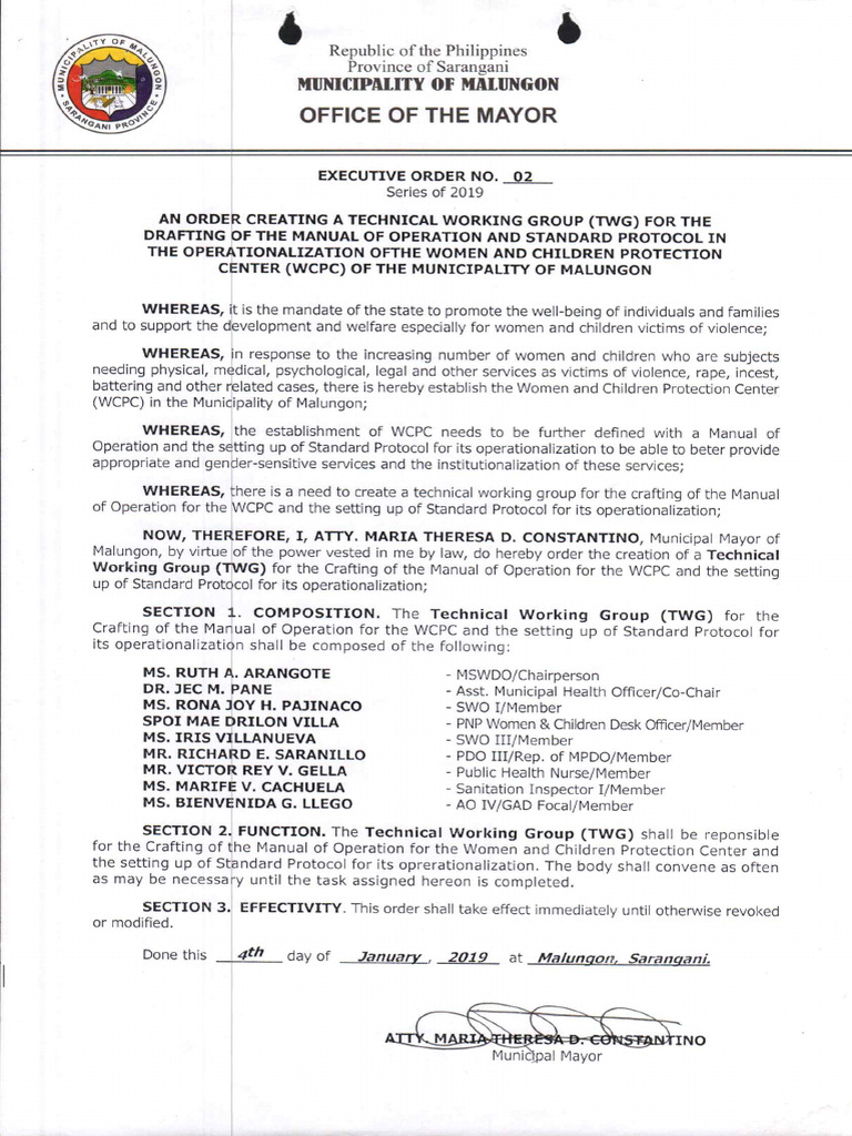 EO No. 2 S. 2019-Creating TWG Manual Operation On WCPC | PDF