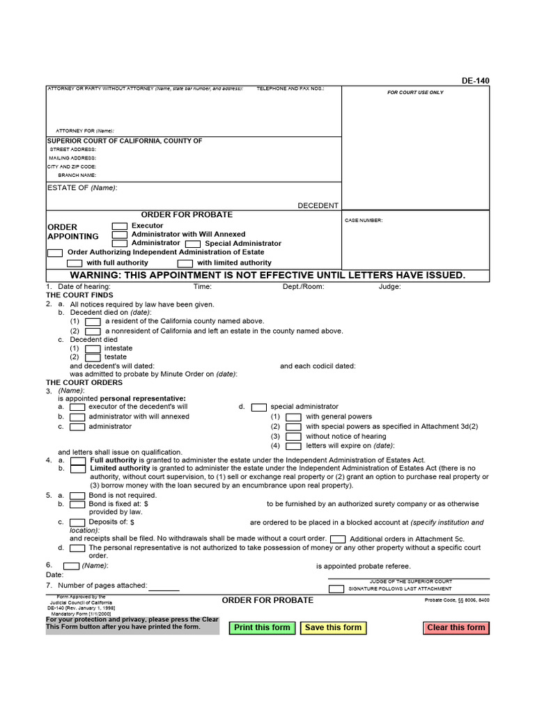 Form DE-140 | PDF | Probate | Civil Law (Common Law)