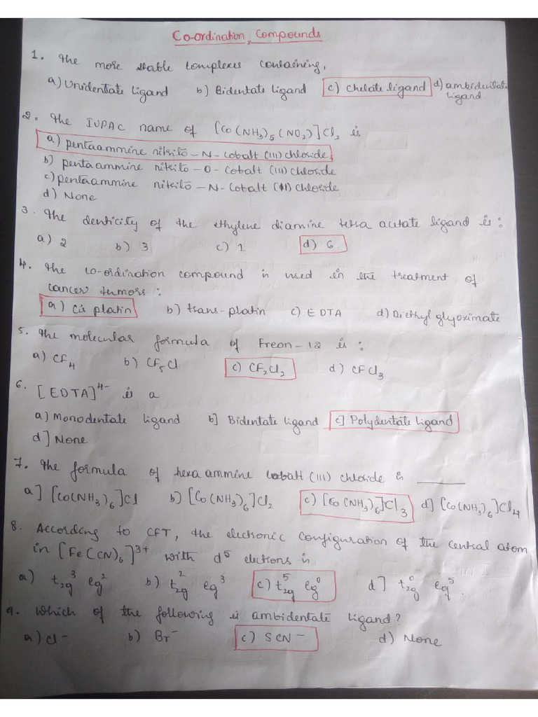 COORDINATION COMPOUNDS (MCQs and Questions ) | PDF