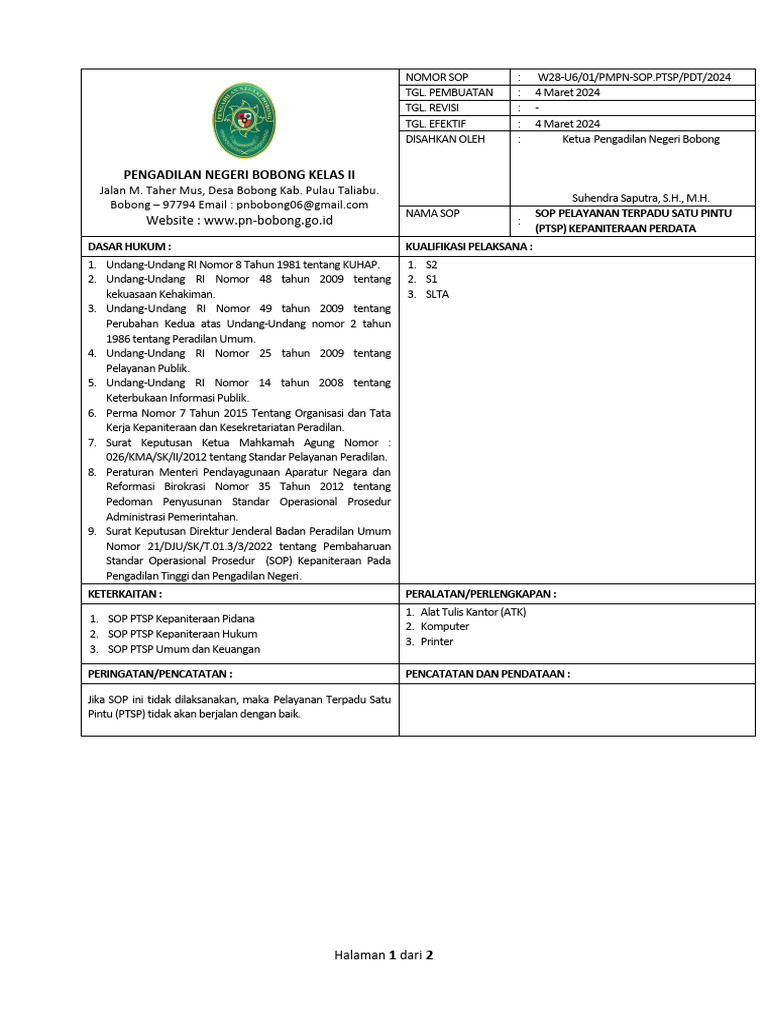 SOP Pelayanan PTSP Perdata | PDF