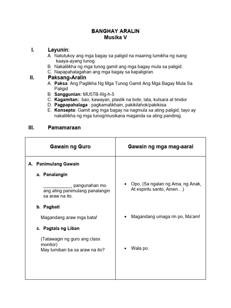 BANGHAY ARALIN Sa Musika | PDF