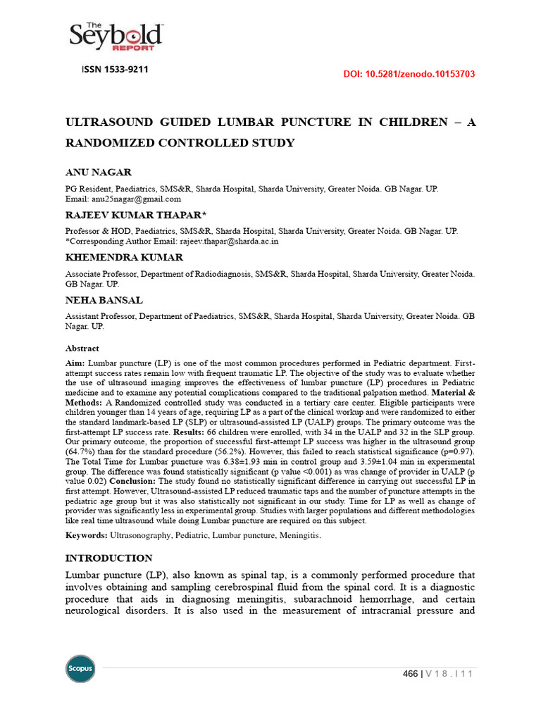 Pediatric Ultrasound-Guided LP Study | PDF | Medicine | Clinical Medicine