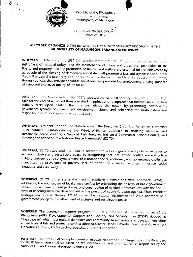 EO No. 52 S. 2019-Organizing Retooled Community Support Program | PDF