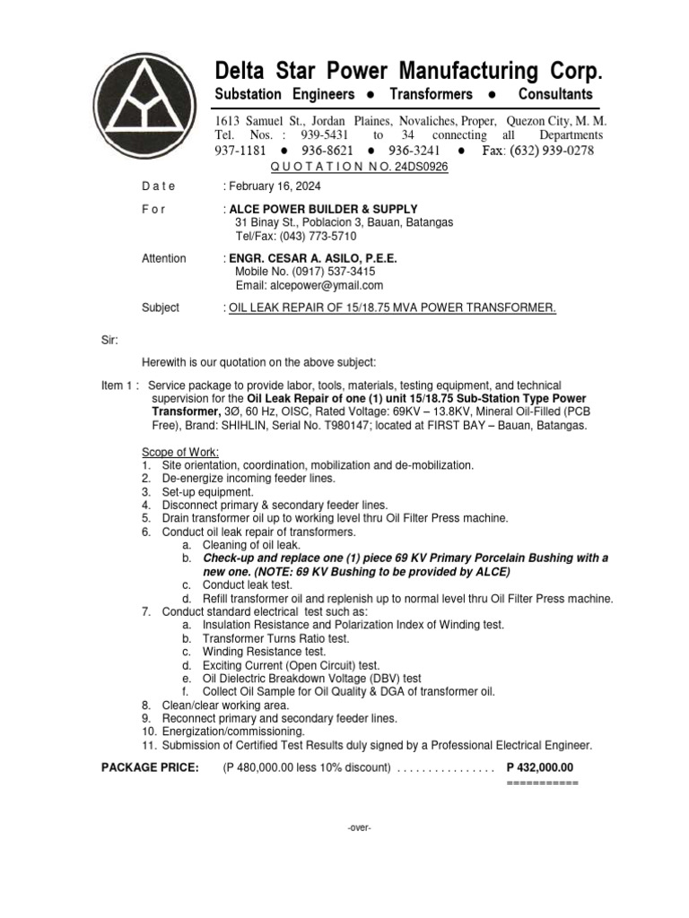 Quotation for Transformer Bushing Replacement and Testing | PDF