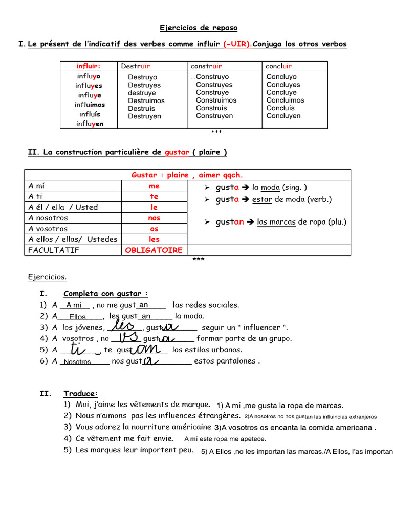 Ejercicios de conjugación y gustar | PDF