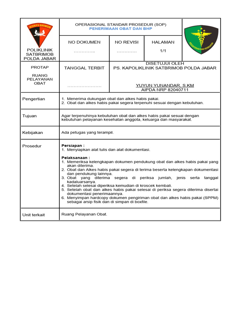 Sop Penerimaan Obat Dan BHP | PDF