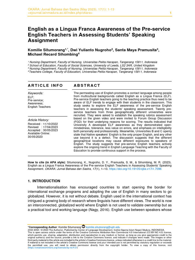 English As A Lingua Franca Awareness of The Pre-Service English ...