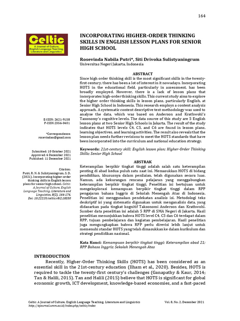 Incorporating Higher-Order Thinking Skills in English Lesson Plans For Senior High School | PDF ...
