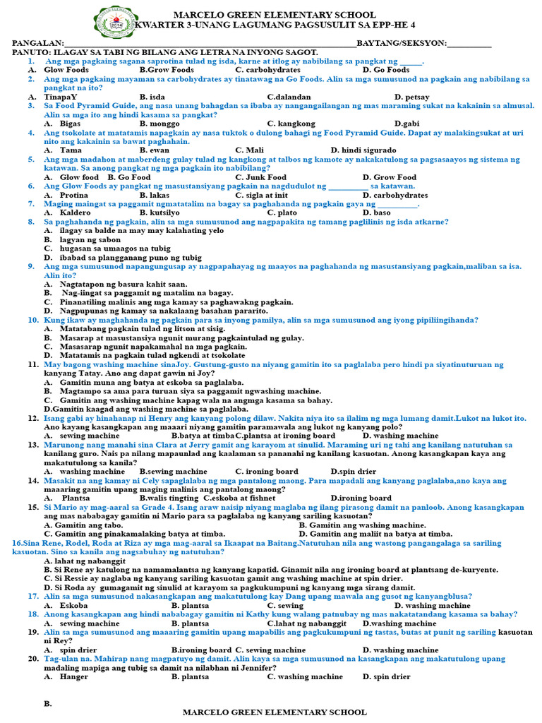 Q3 HE EPP4 SUMMATIVEtest | PDF