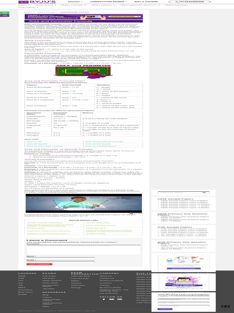 Area and Perimeter Formulas, Definition and Examples | PDF