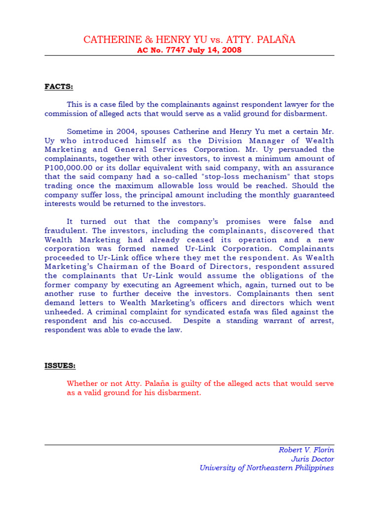 Catherine & Henry Yu vs. Atty. Palaña - Digest | PDF | Lawyer | Disbarment