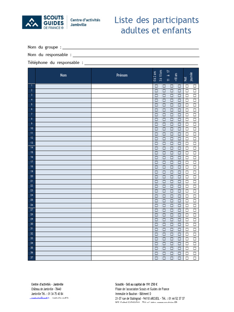 Liste Des Participants Adultes Et Enfants Recto Verso | PDF