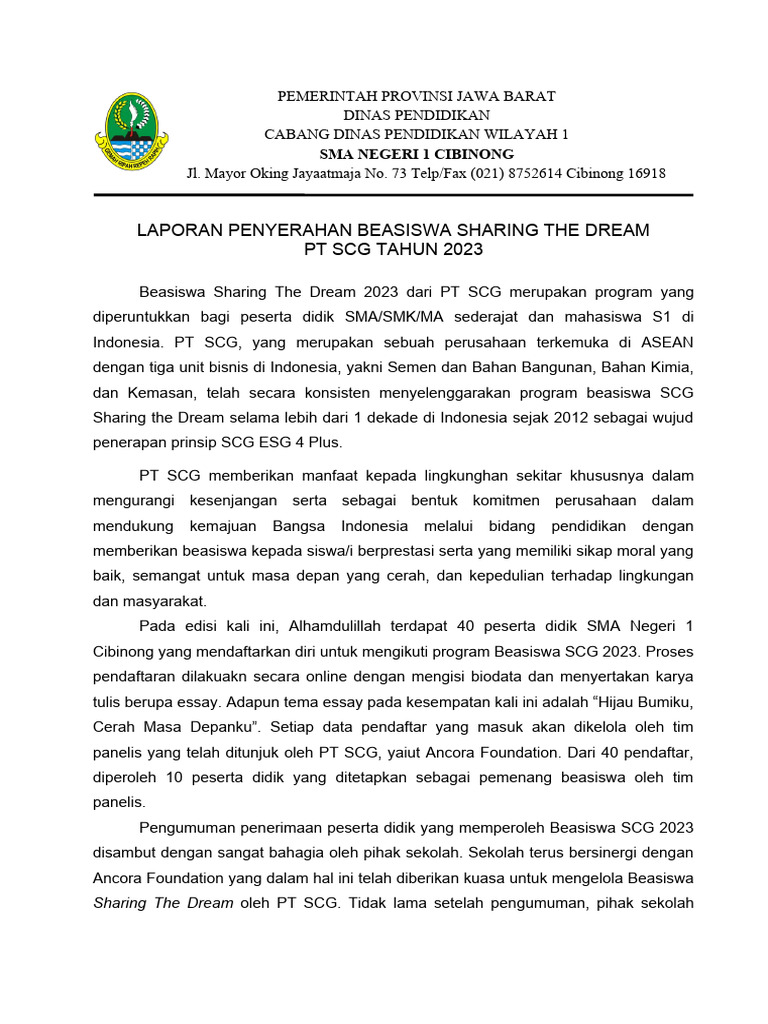 Laporan Kegiatan Penyerahan Beasiswa SCG 2023 | PDF