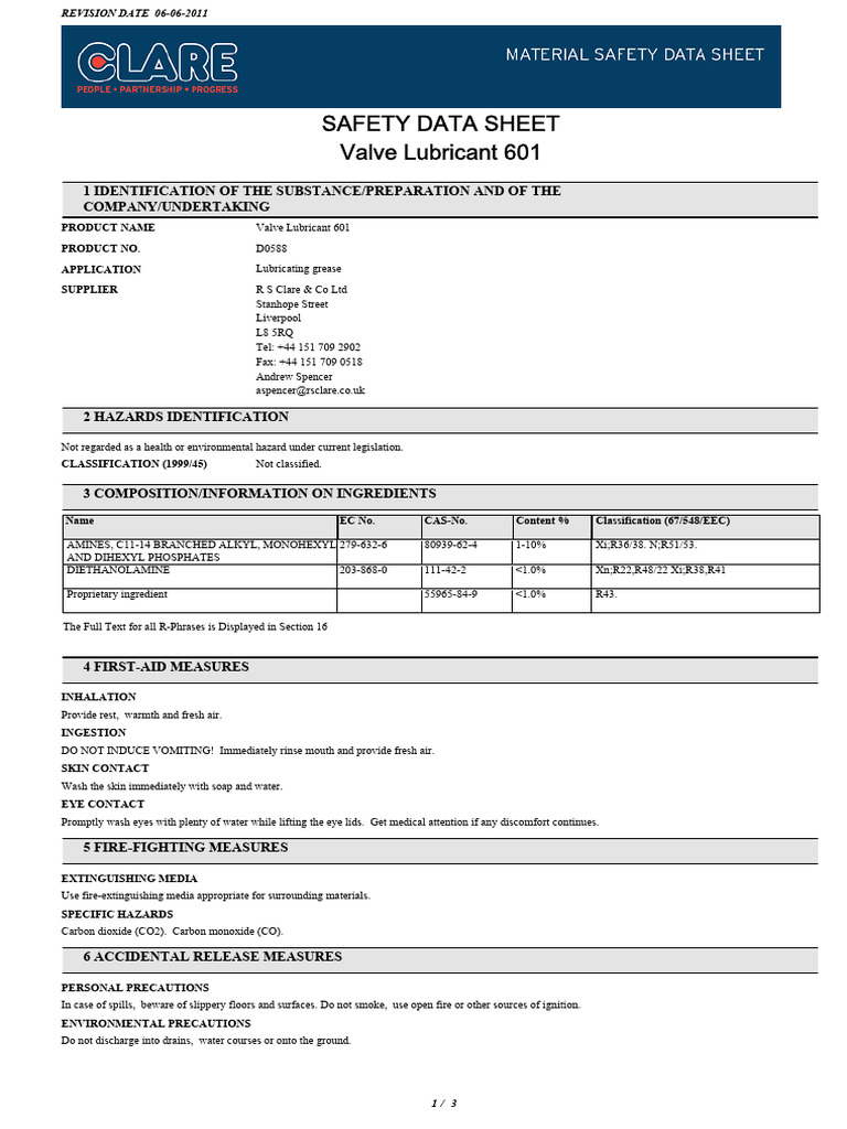 Full EN Clare Valve Lubricant 601 | PDF | Chemistry | Occupational ...