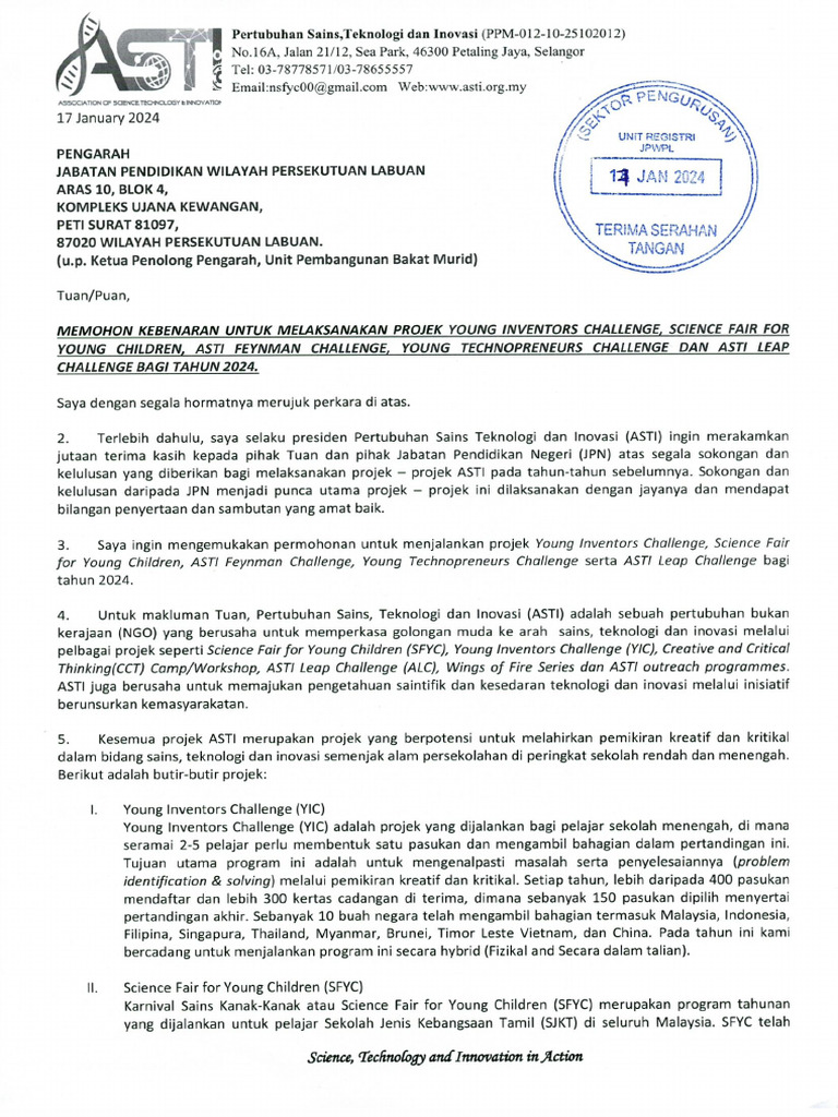 Memohon Kebenaran Projek Young Inventor Challenge | PDF