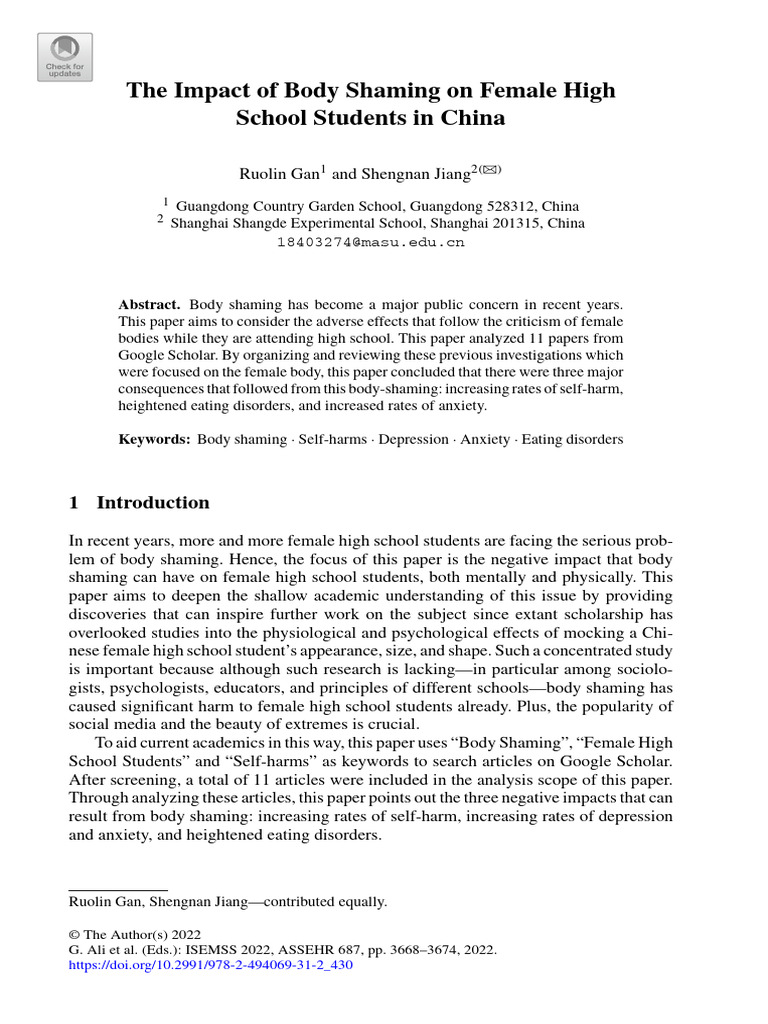 The Impact of Body Shaming On Female High School Students in China | PDF | Eating Disorder | Shame