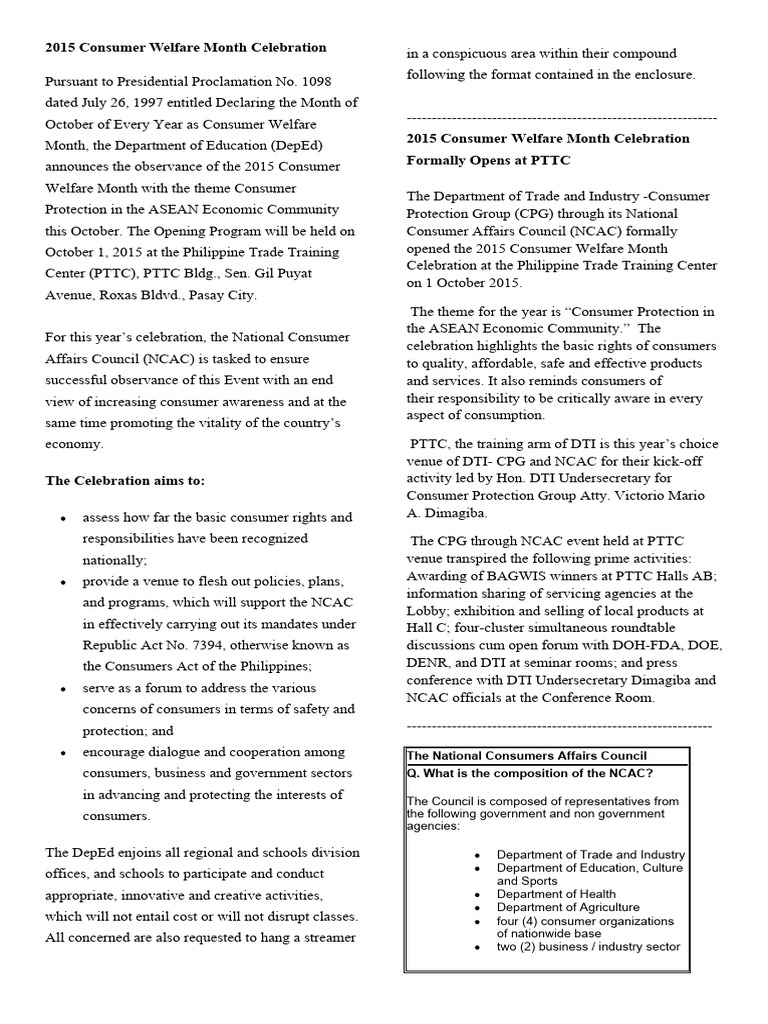 2015 Consumer Welfare Month Celebration | PDF