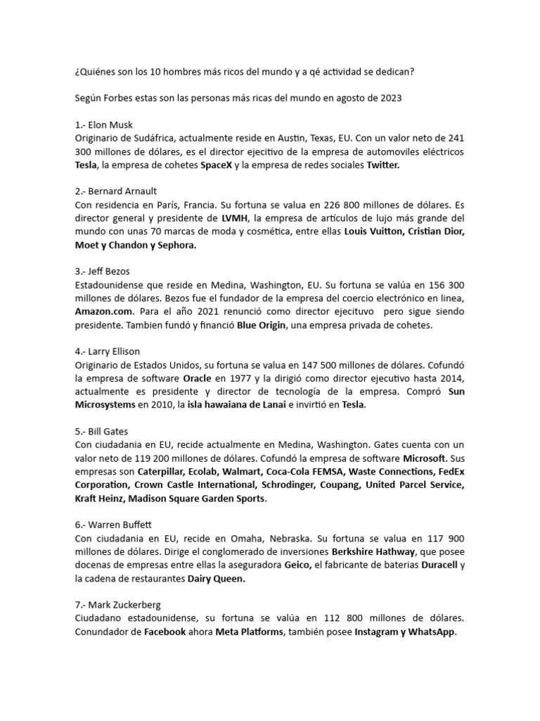 Quiénes son los 10 hombres más ricos del mundo y a qé actividad se ... Quiénes son los 10 hombres más ricos del mundo y a qé actividad se ...