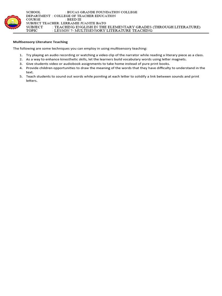 Lesson 7 - Multisensory Literature Teaching | PDF