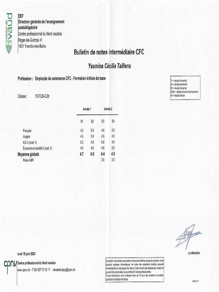 Relevé de Notes CFC | PDF