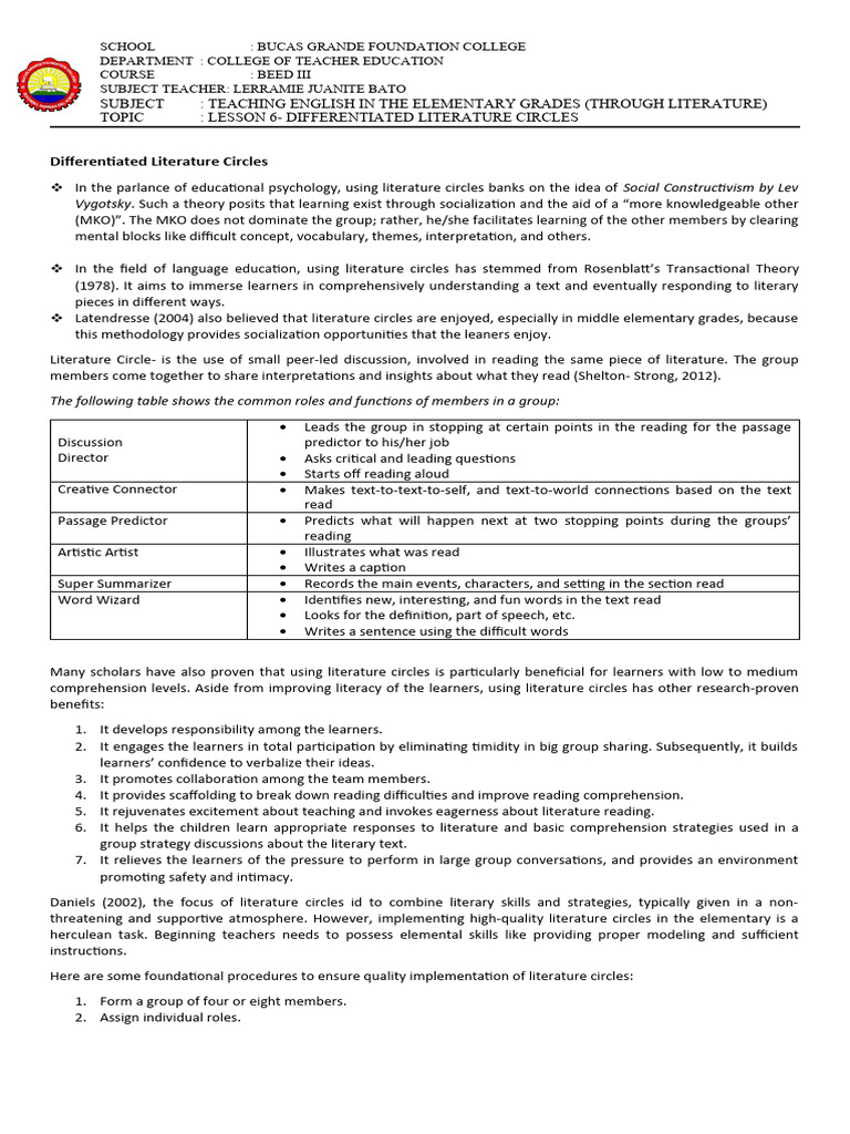 Differentiated Literature Circles Guide | PDF | Learning | Reading ...