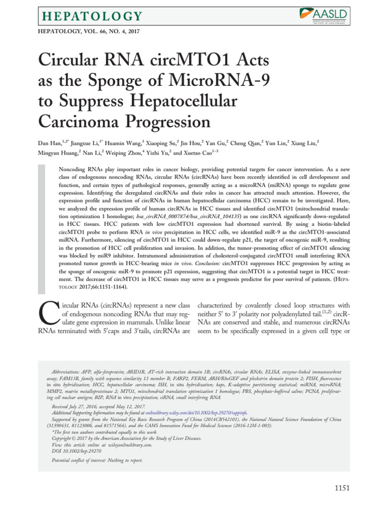 Hepatology - 2017 - Han - Circular RNA circMTO1 Acts As The Sponge of ...