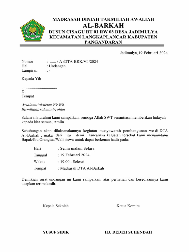 Surat Undangan Ortu Dta Al-Barkah | PDF