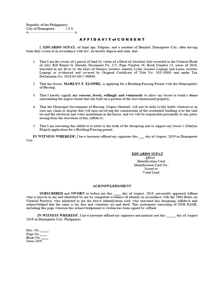 Affidavit of Consent - To Build A Fence For Building Fencing Permit - Elopre | PDF | Affidavit ...