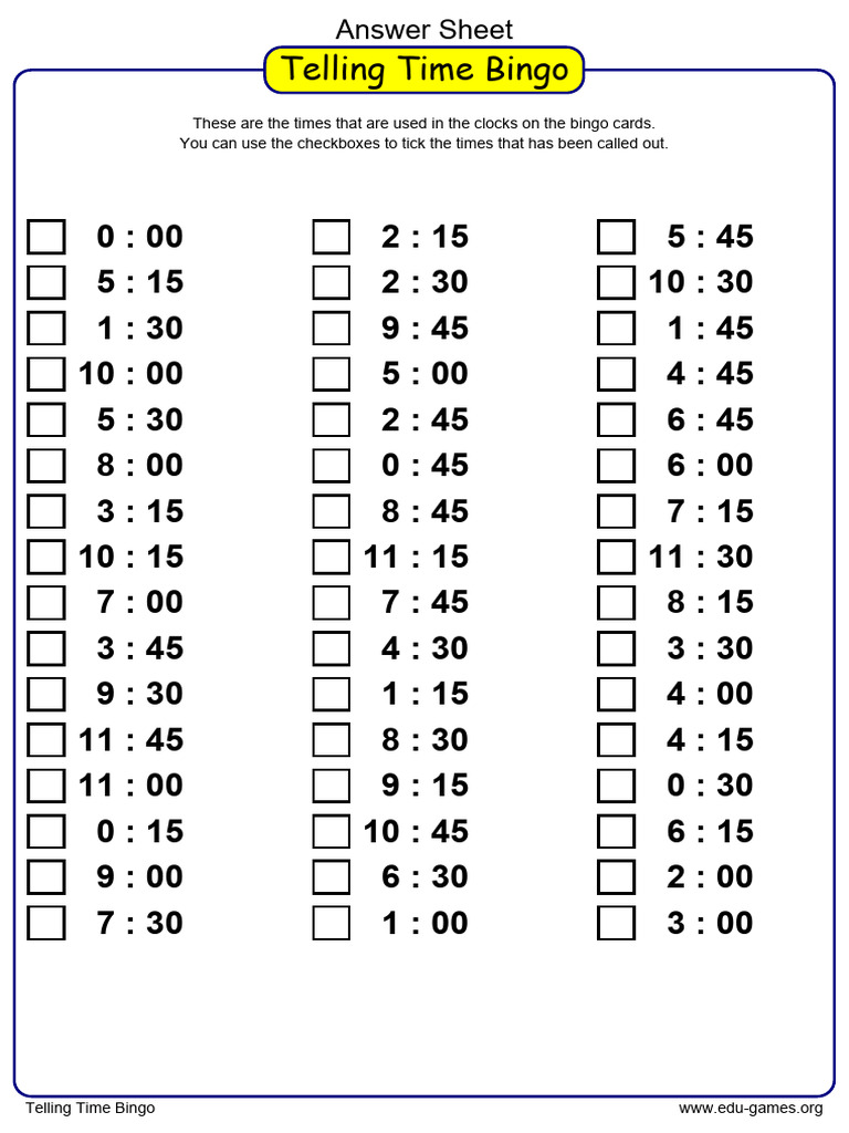 Telling Time Bingo | PDF | Gambling Games | Games Of Chance