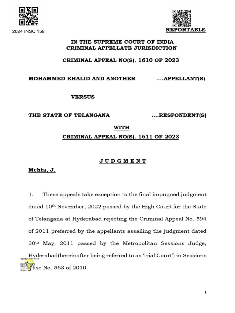 MHD Khalid V Satte of Telangana (CRL Appeal 1610 of 2023) | PDF