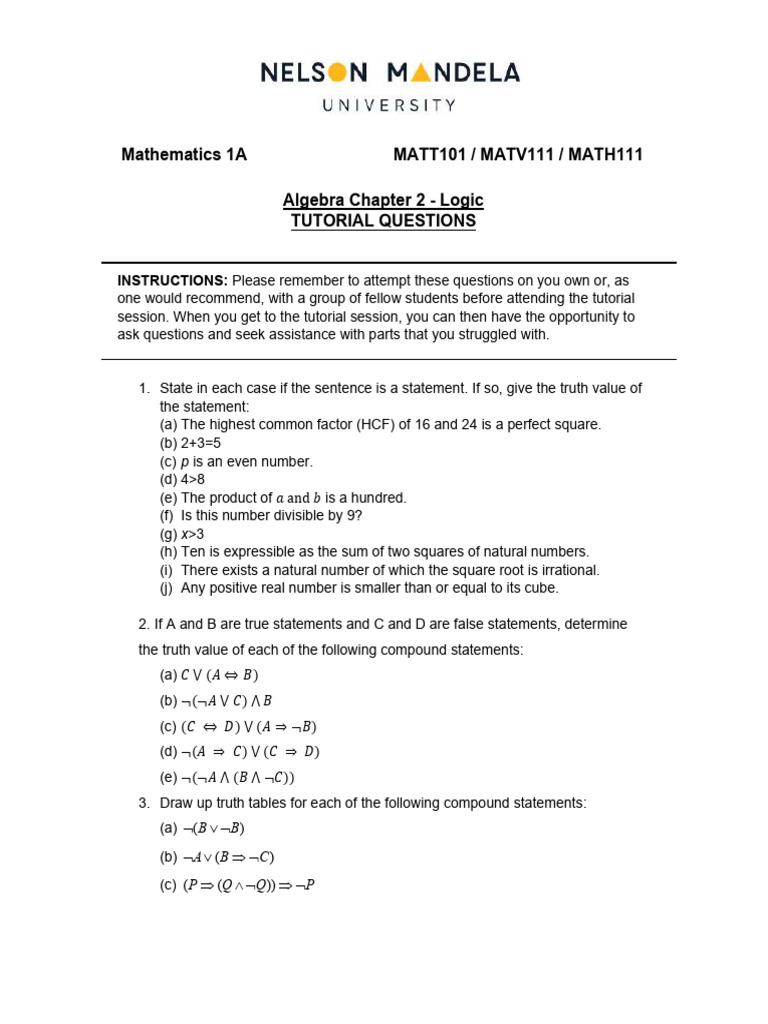 Algebra Chapter 2 Tutorial Questions On Logic | PDF