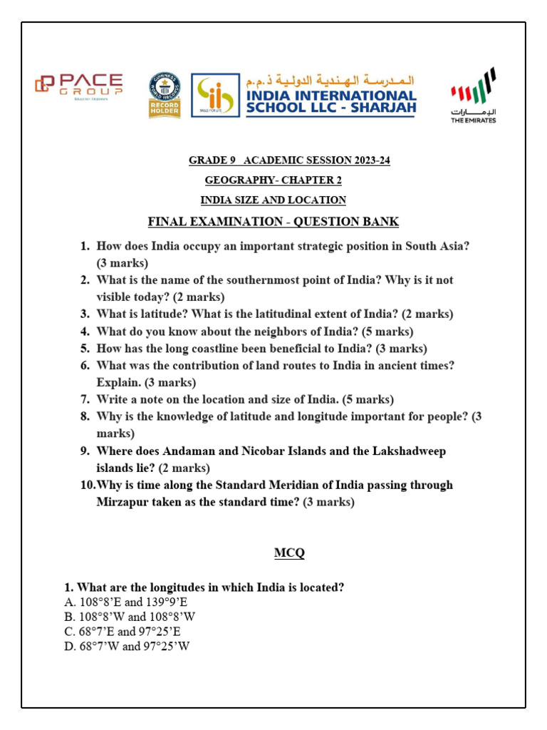 Grade 9 Geography Chapter India Size and Location QB | PDF | Latitude ...